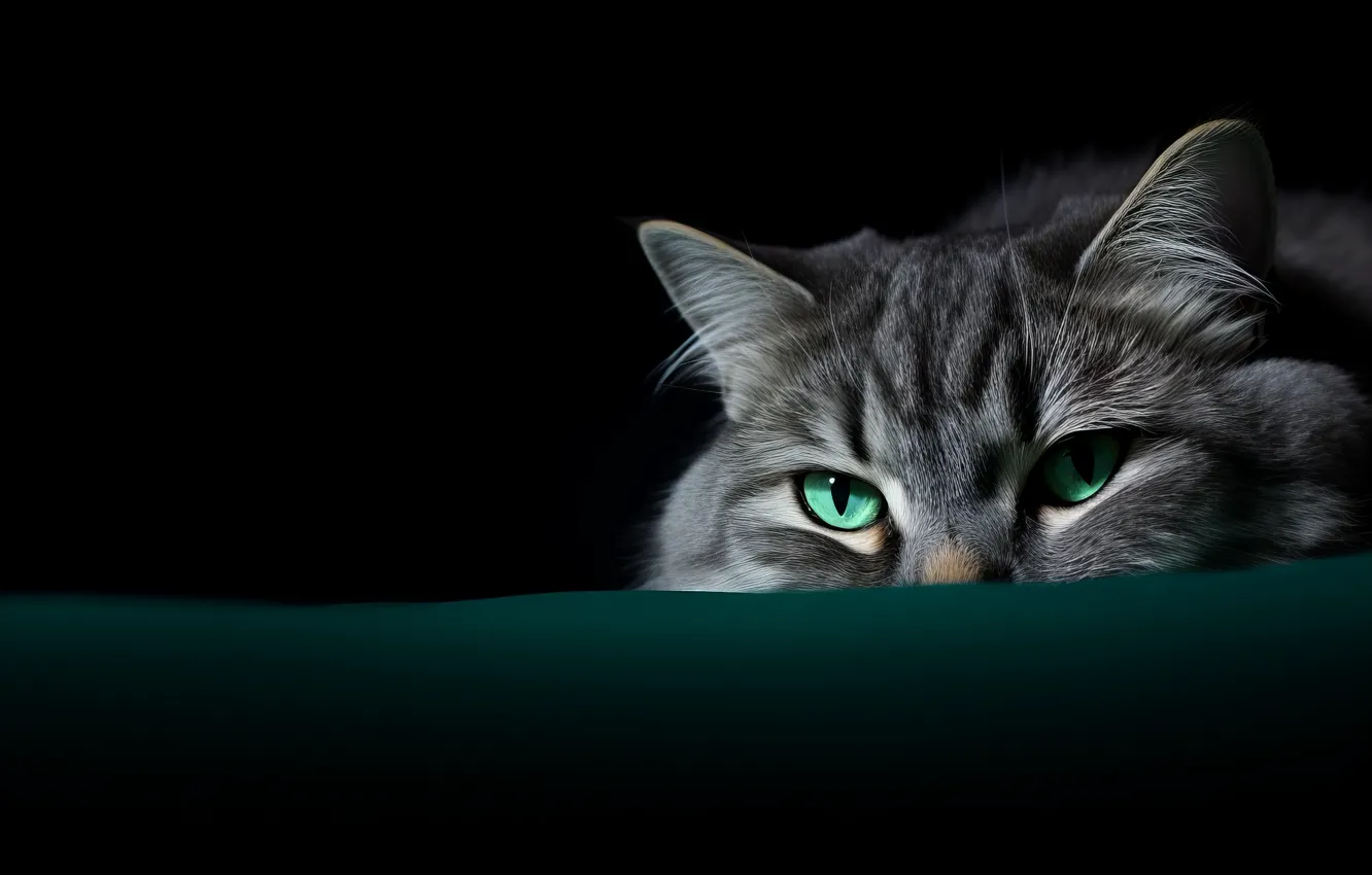 Wallpaper cat, cat, look, pose, the dark background, grey, portrait ...