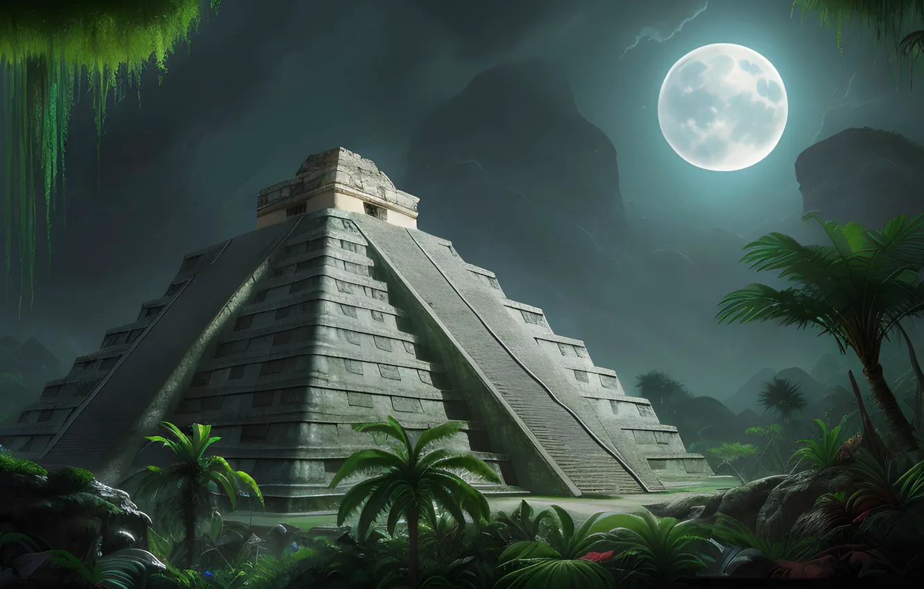 Wallpaper forest, mountains, night, the moon, pyramid, may, jugnle for ...