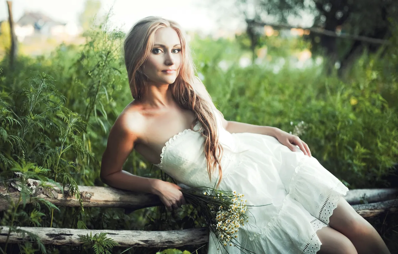 Wallpaper Grass Look Girl Flowers Nature White Chamomile Dress