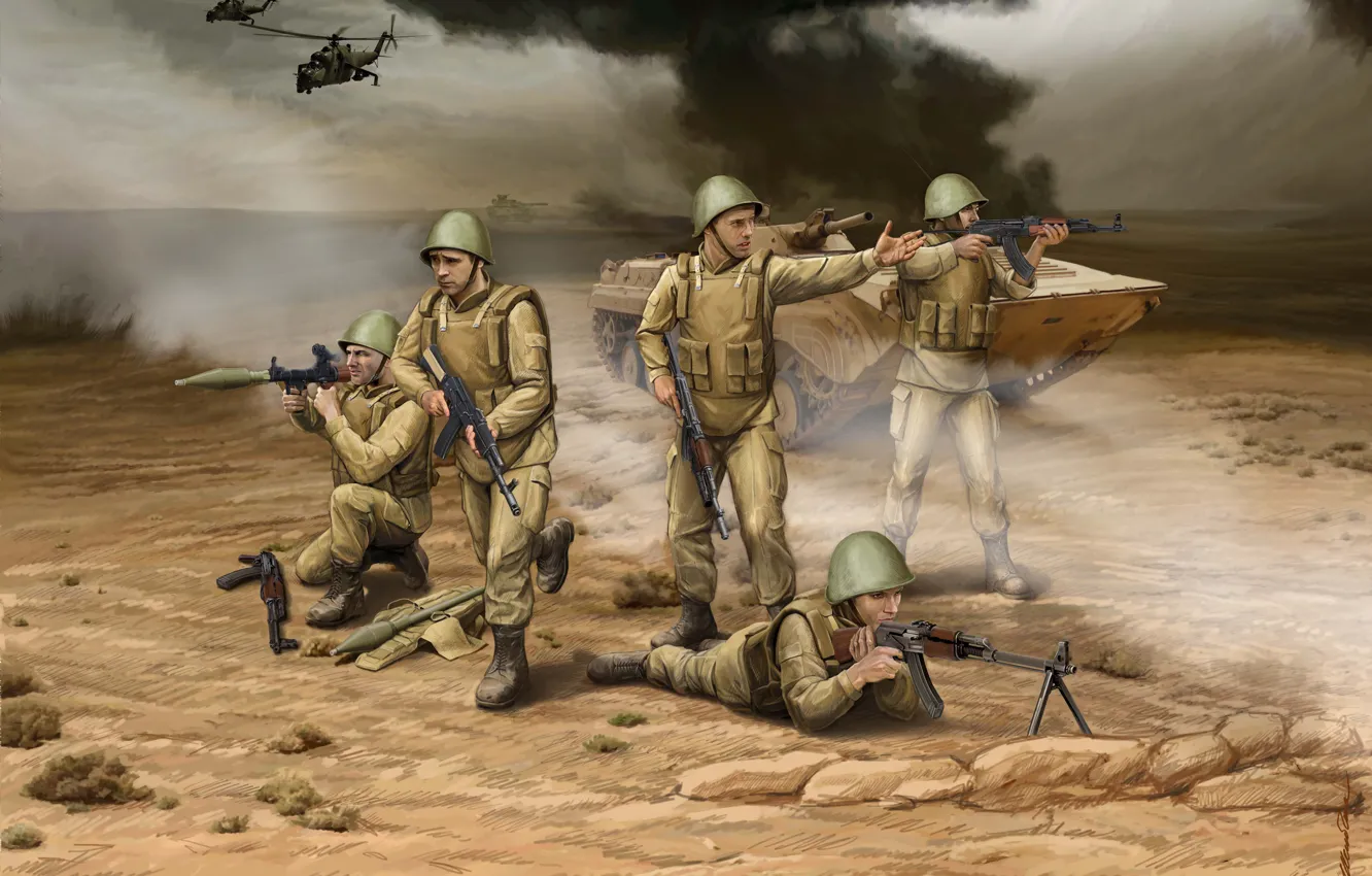Wallpaper AKM, Artwork, The PKK, BMP-1, AK-74, RPG-7, Soviet motorized ...