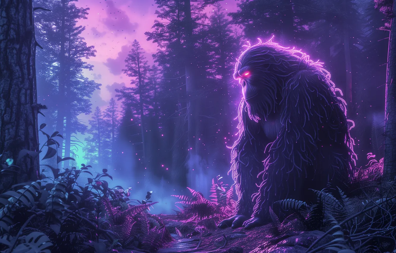 Wallpaper forest, trees, being, Yeti, Bigfoot, digital art, Bigfoot, AI ...