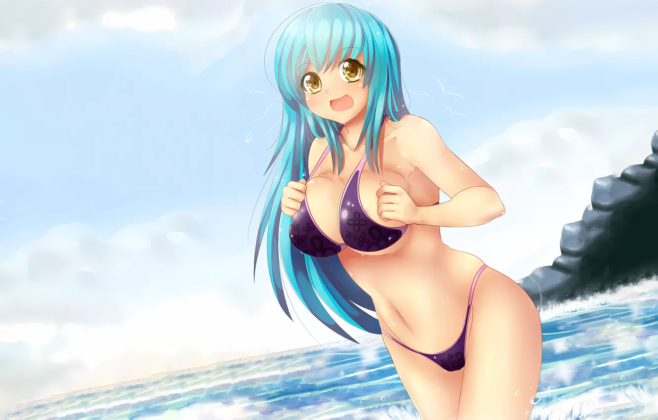 Wallpaper girl, sexy, wet, cleavage, beach, sky, long hair, sea for mobile and desktop, section ...