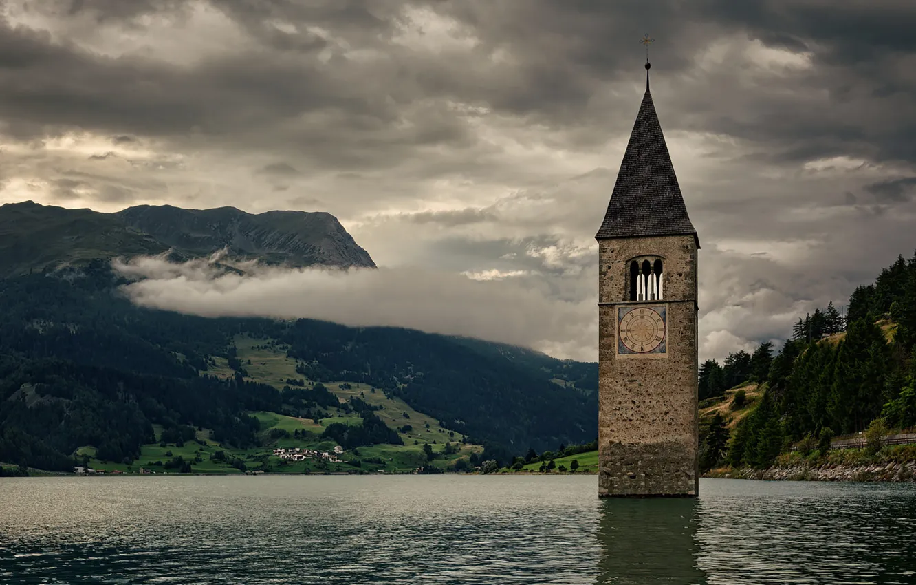 Wallpaper tower, Italy, mountains, clouds, village, Bell, clock ...