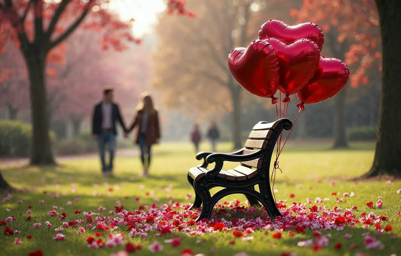 Wallpaper love, flowers, bench, Park, balloons, romance, heart, petals ...