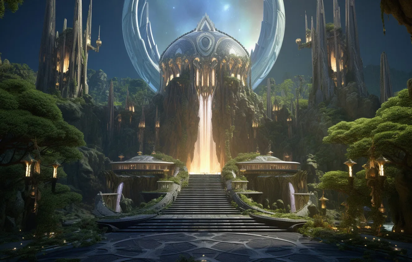 Wallpaper lights, castle, tower, fantasy, stage, architecture ...