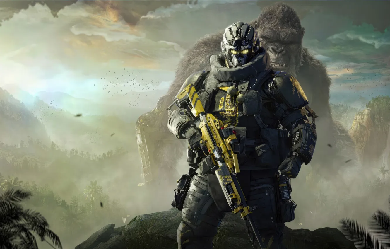 Wallpaper King Kong, Godzilla, rifle, ARMA, seifuku, monstro, Homem ...