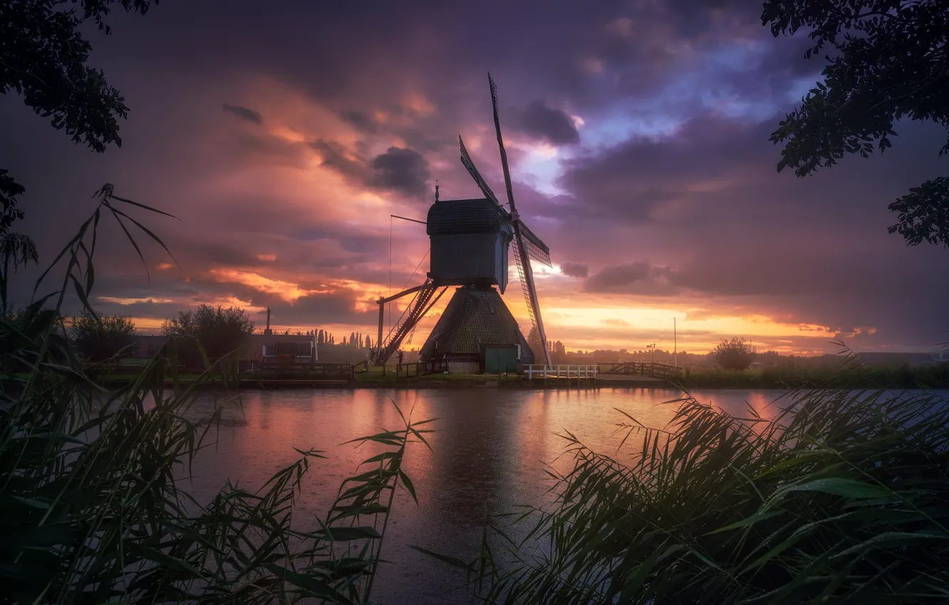 Wallpaper river, rain, the evening, mill, channel, Netherlands for ...