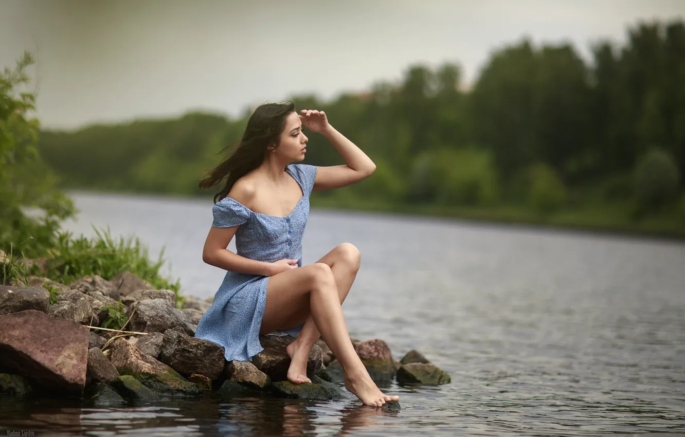 Wallpaper Girl River Sky Legs Trees Nature Water Clouds For