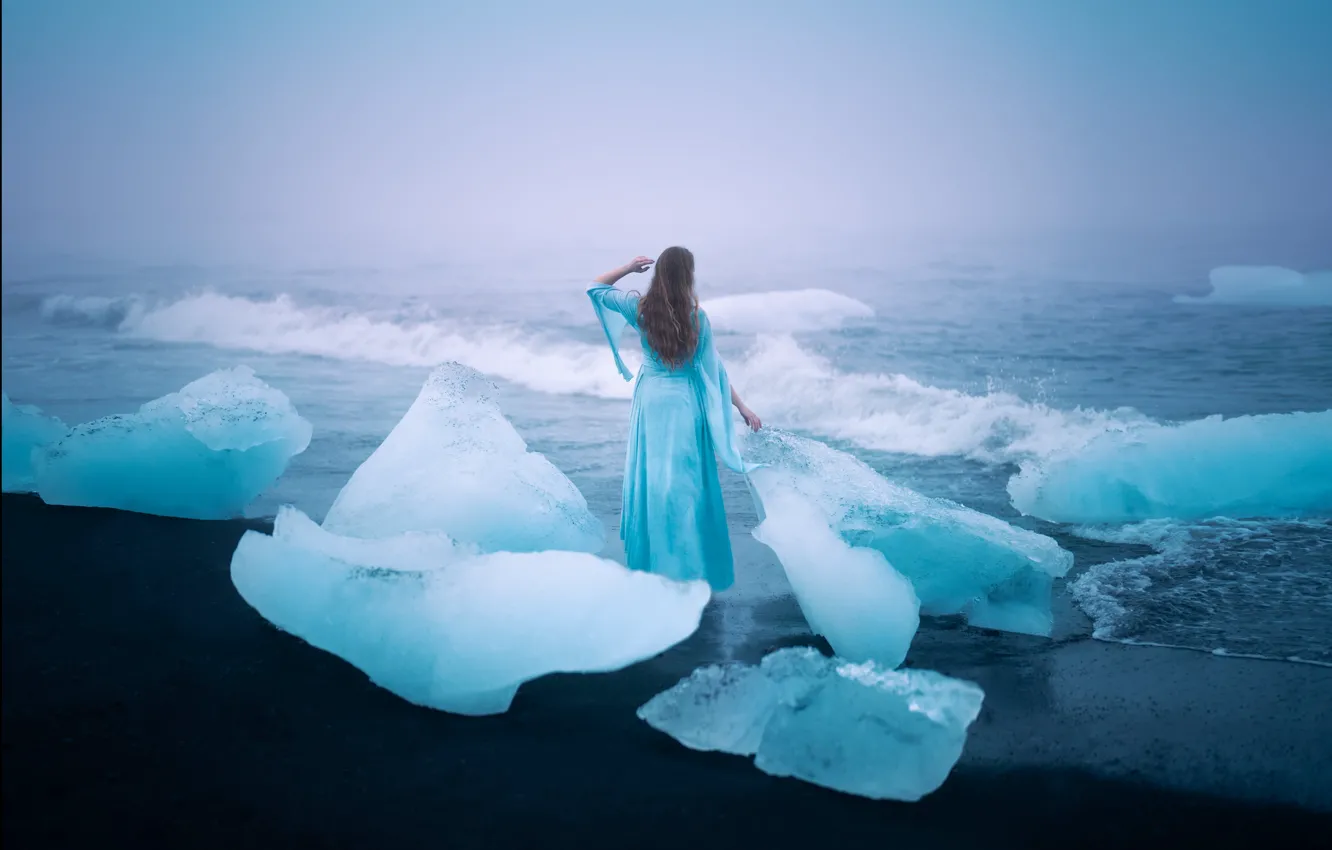 Wallpaper cold, ice, winter, sea, wave, girl, nature, pose for mobile ...