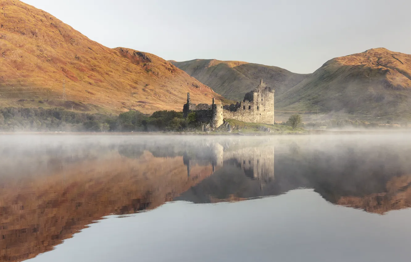 Wallpaper the sky, mountains, fog, lake, reflection, castle, hills ...