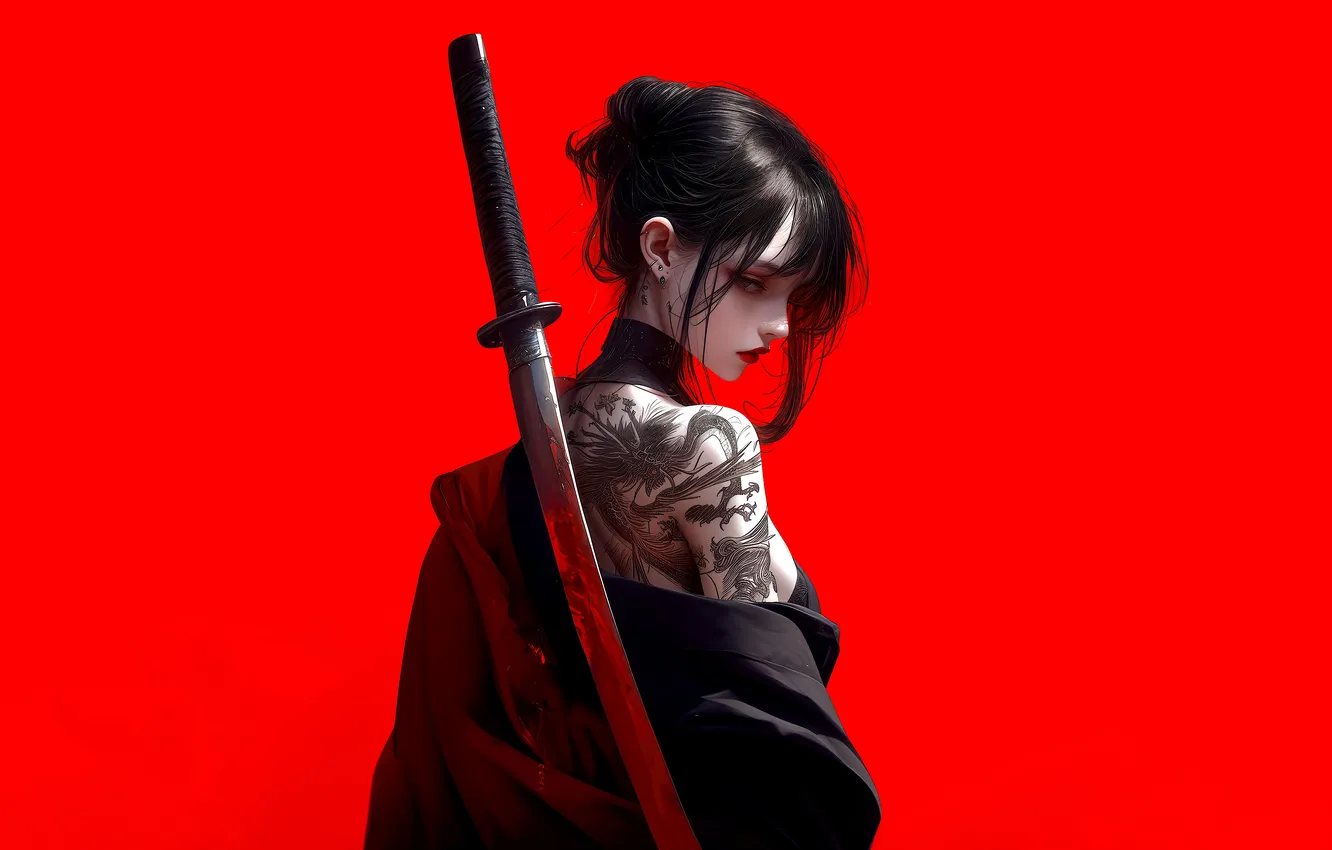 Wallpaper girl, sword, fantasy, katana, brunette, samurai, digital art, artwork for mobile and ...