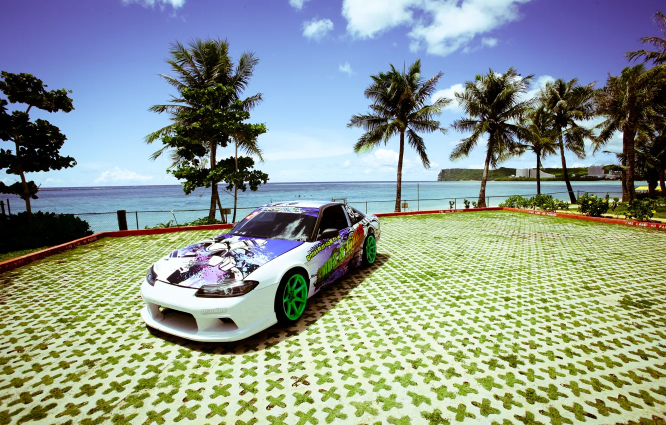 Wallpaper sea, the sun, palm trees, tuning, white, S15, Silvia, Nissan ...