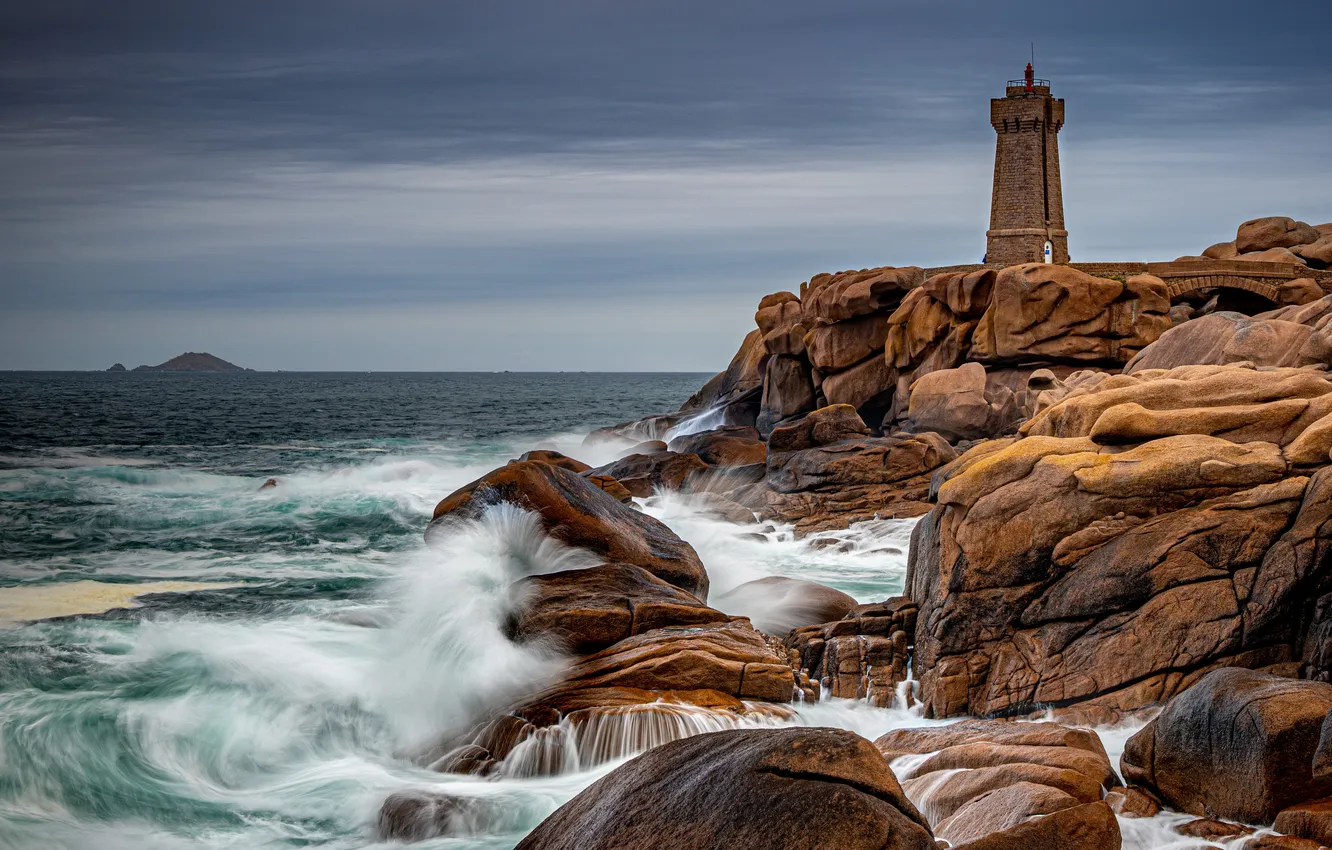 Wallpaper waves, sea, coast, France, rocks, lighthouse, long exposure ...