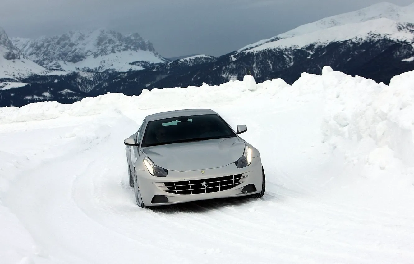 Wallpaper winter, road, the sky, snow, mountains, supercar, Ferrari ...