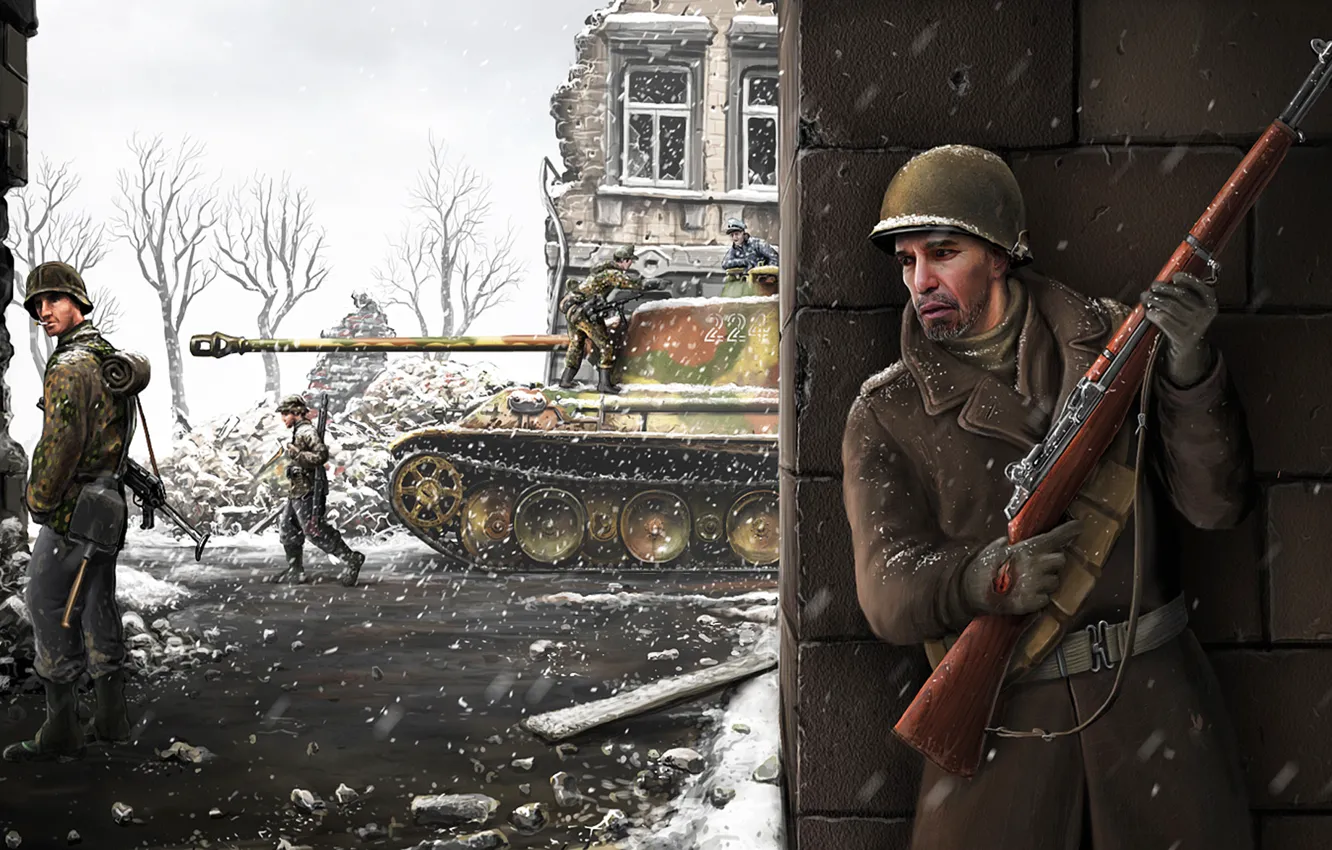 Wallpaper winter, snow, the city, war, USSR, tank, the Germans, Russian ...