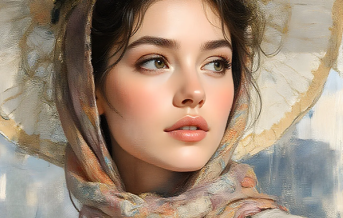 Wallpaper look, girl, pose, portrait, imitation painting, AI art, neural network for mobile and ...