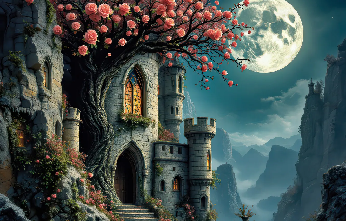 Wallpaper flowers, mountains, night, fog, castle, the moon, fantasy ...