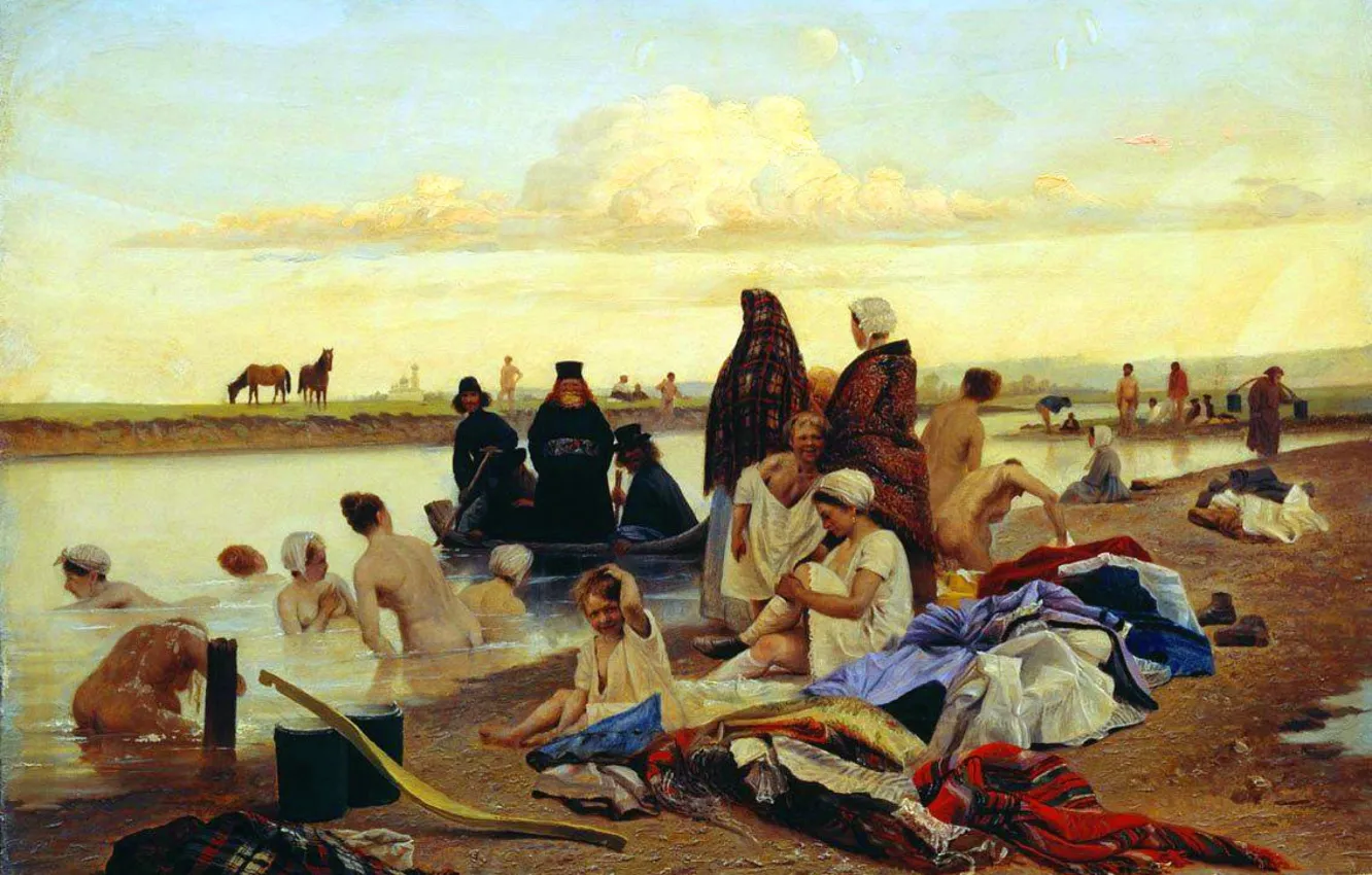 Wallpaper river, woman, boat, picture, monk, Russian artist, Monks (They drove into the wrong ...