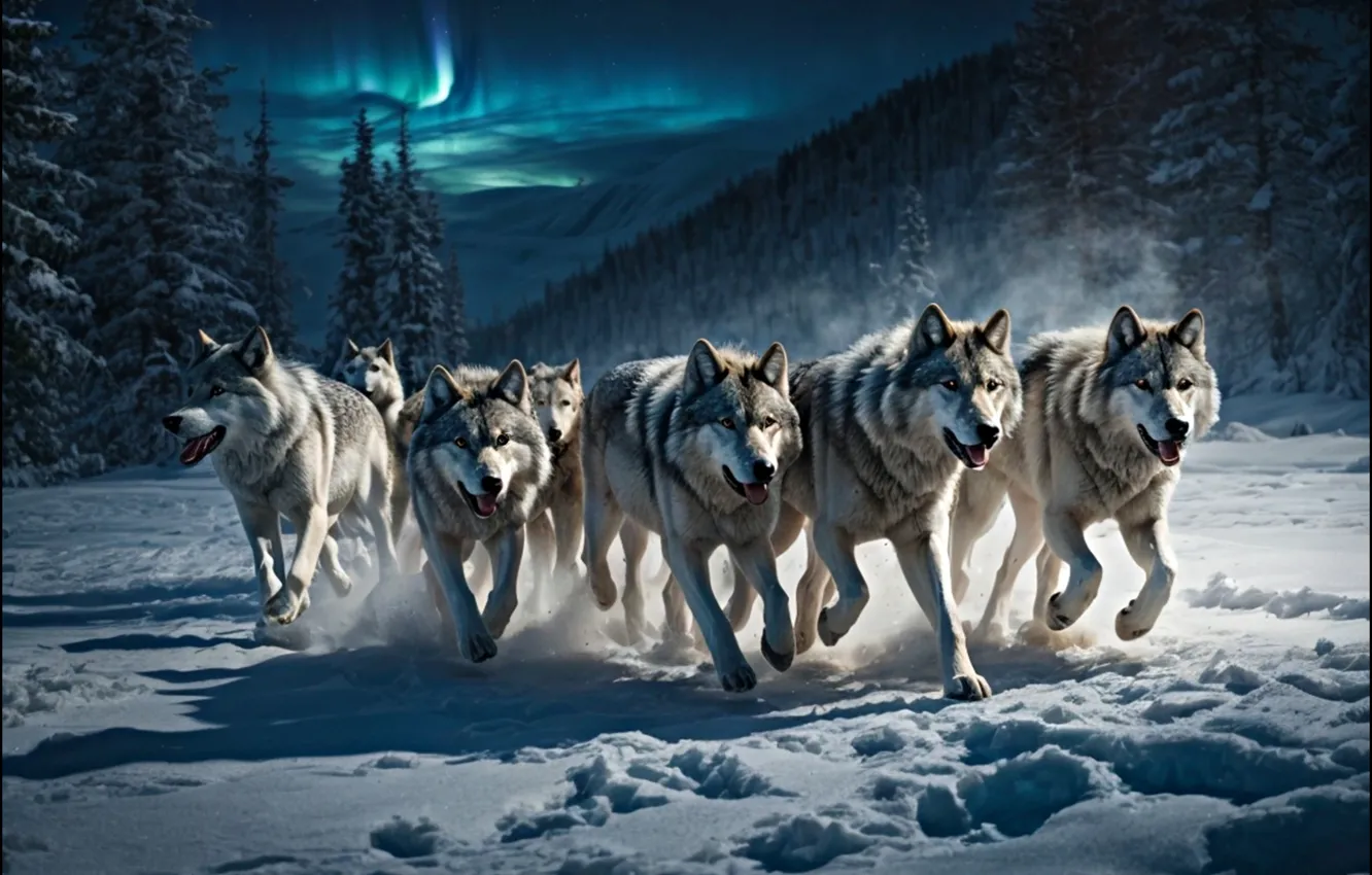 Wallpaper winter, look, face, snow, night, wolf, pack, running for ...