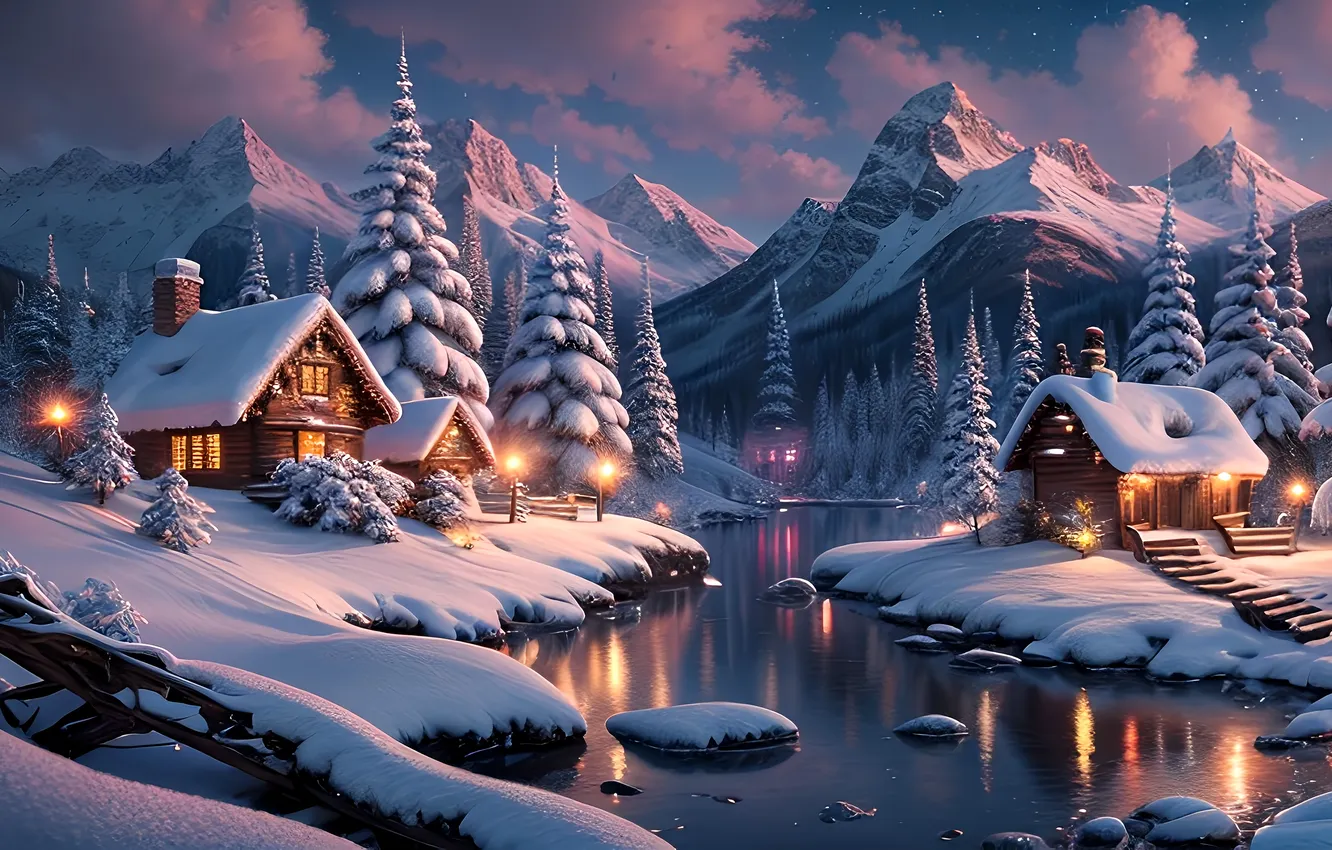 Wallpaper winter, forest, clouds, light, snow, reflection, mountains ...