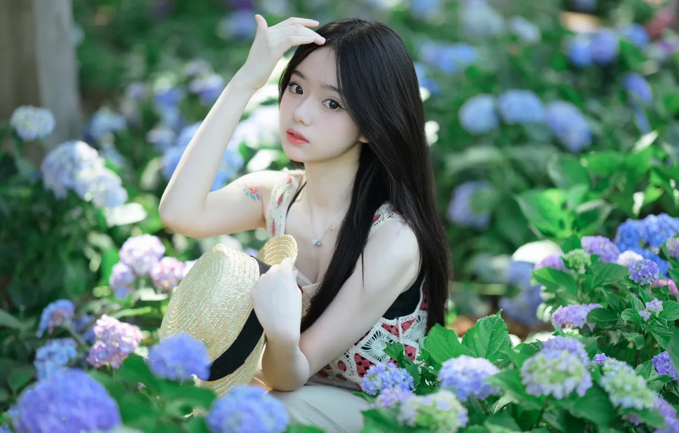 Wallpaper hat, woman, flowers, beautiful, model, pretty, asian, cute ...