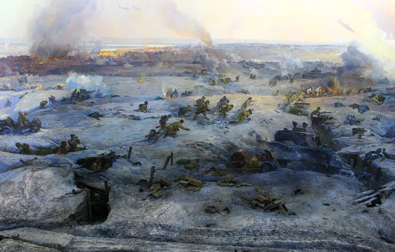 Wallpaper winter, snow, war, attack, picture, soldiers, panorama, tank ...