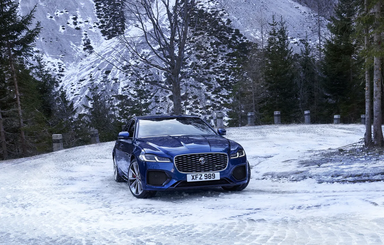 Wallpaper snow, Jaguar, sedan, Jaguar XF, 2020, XF, on a mountain road ...