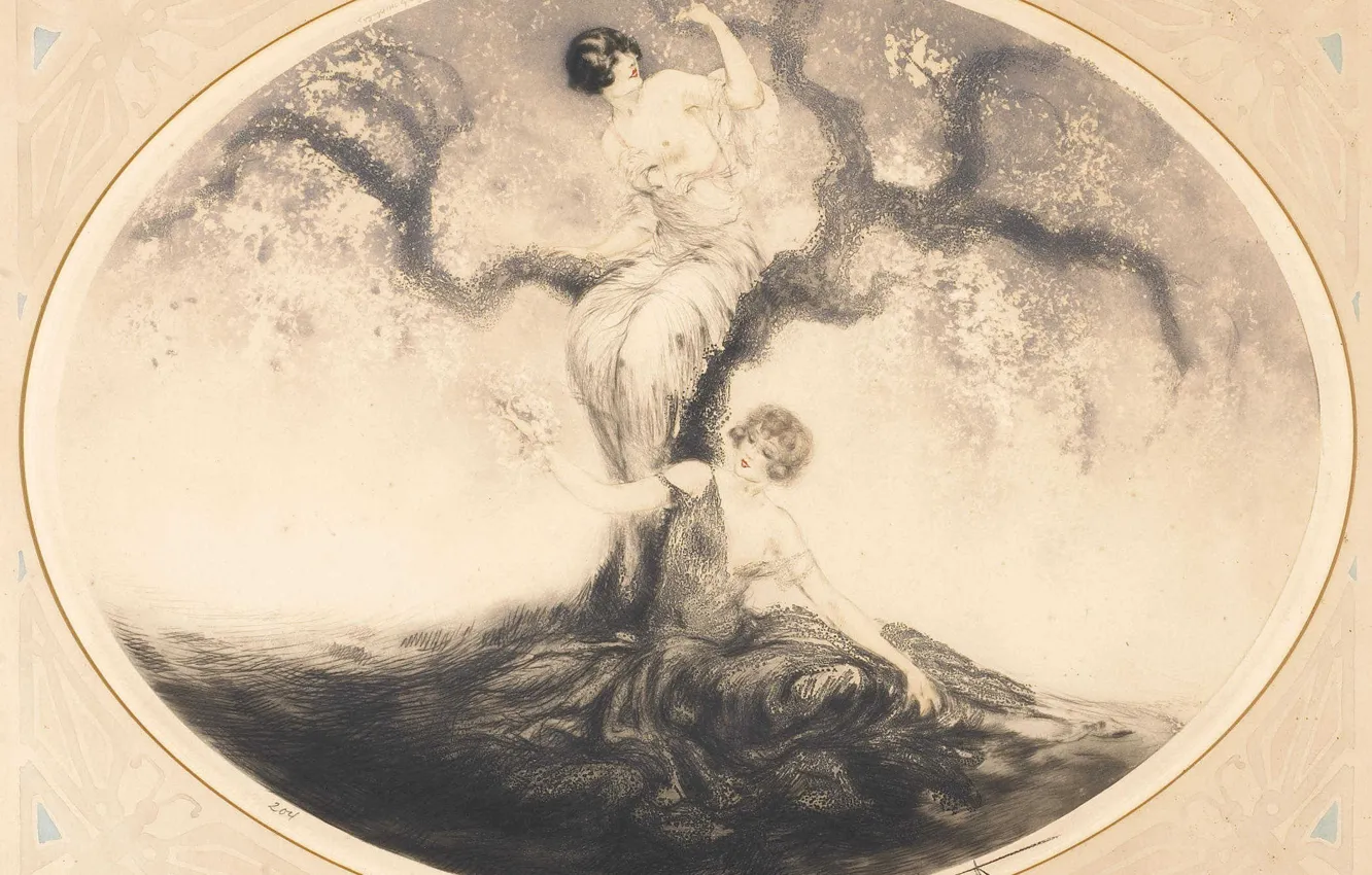 Wallpaper trees, two women, 1926, art Deco, etching and aquatint, Louis Ikar, Flowering time for ...