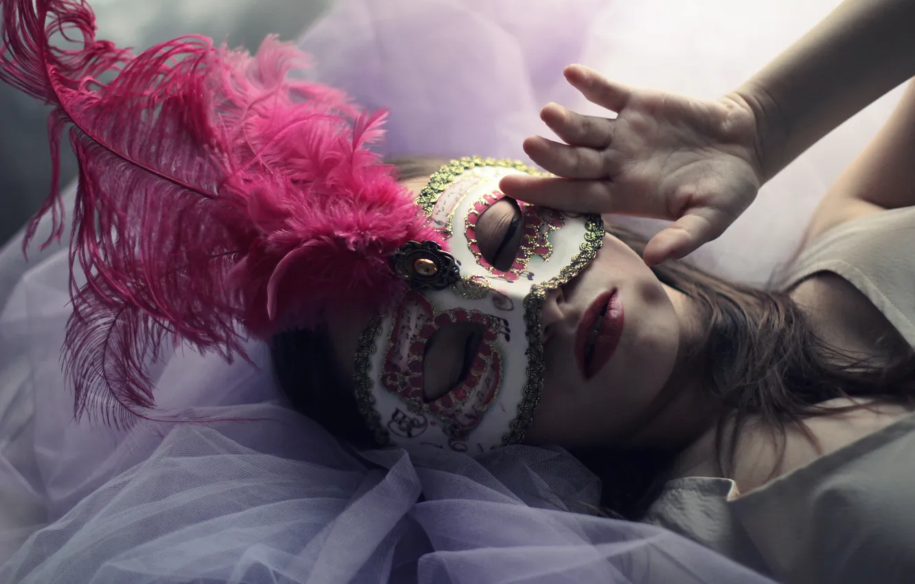 Wallpaper girl, decoration, face, pose, feathers, hands, makeup, mask ...