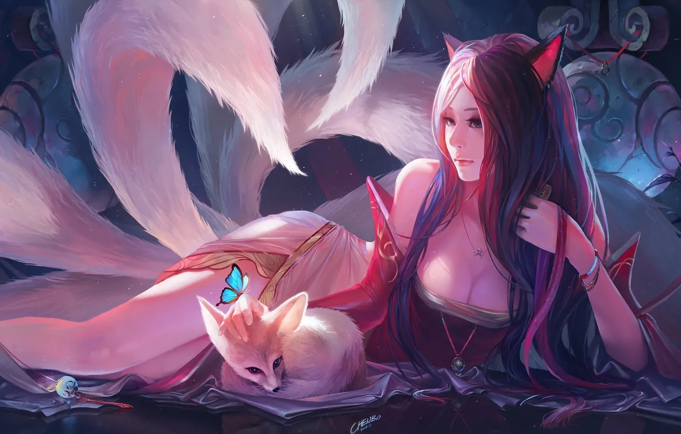 Wallpaper girl, butterfly, art, Fox, tail, ears, League of Legends, chenbo for mobile and ...