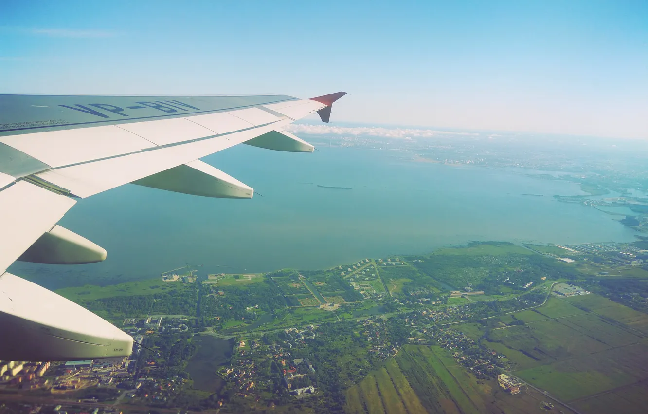 Wallpaper the sky, clouds, flight, the city, the plane, field, Bay for ...