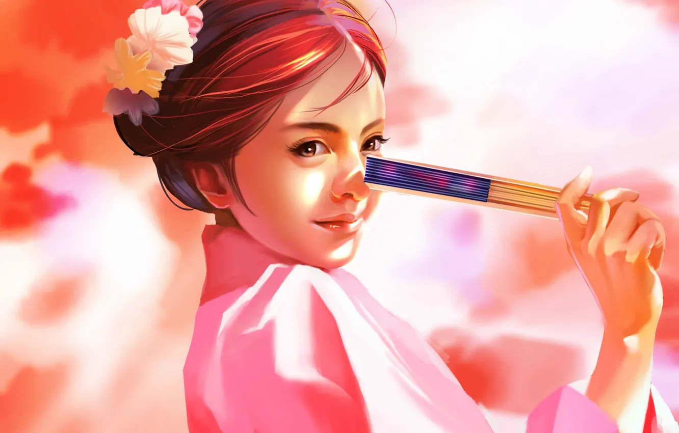Wallpaper face, Japanese, hand, fan, hairstyle, girl, kimono, pink ...