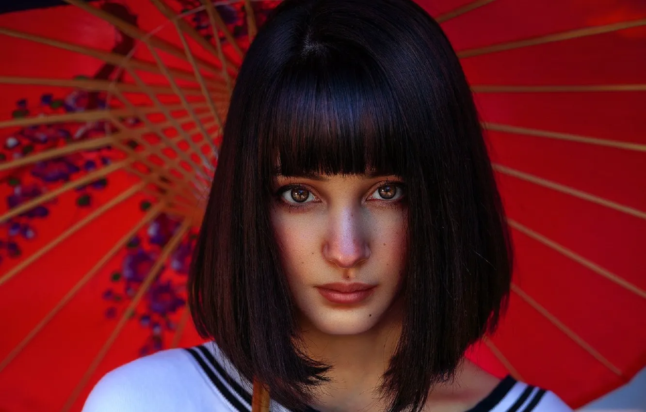 Wallpaper Look Girl Face Hair Umbrella Brunette Geo Leon For