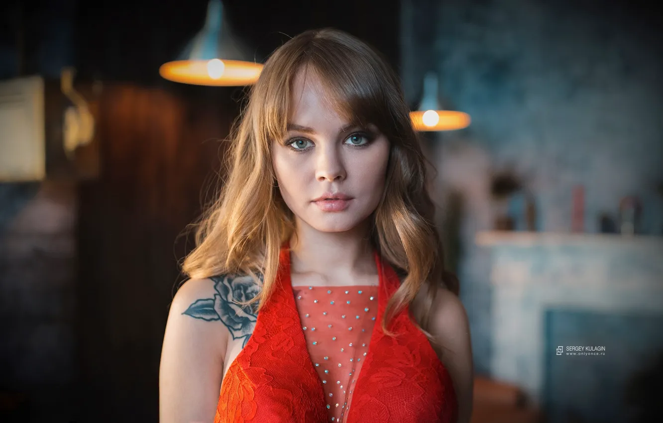 Wallpaper model, tattoo, red top, looking at camera, Anastasia Scheglova, Sergey Kulagin for ...