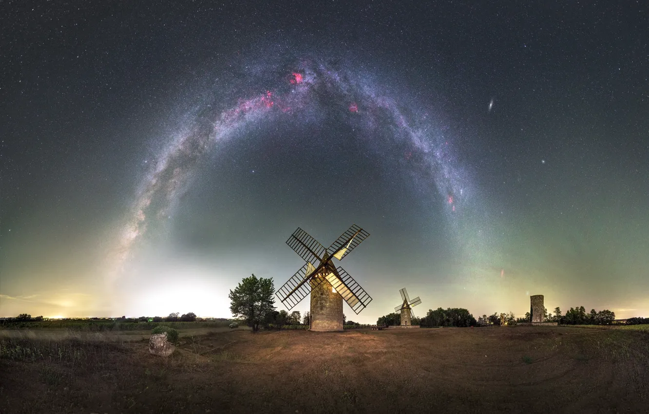 Wallpaper field, night, castle, architecture, the milky way, windmill for mobile and desktop ...