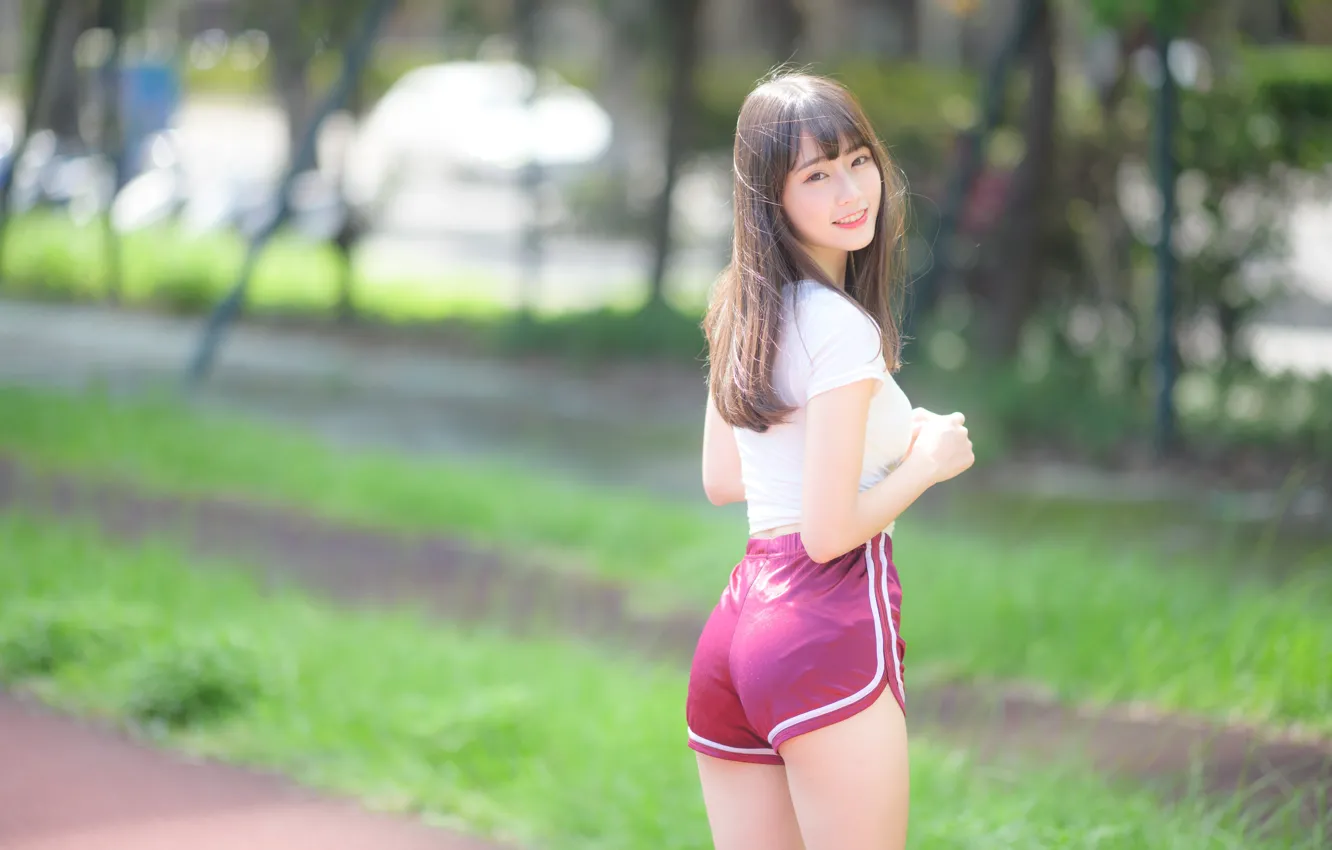 Wallpaper Model Women Brunette Asian Shirt Sneakers Short Shorts
