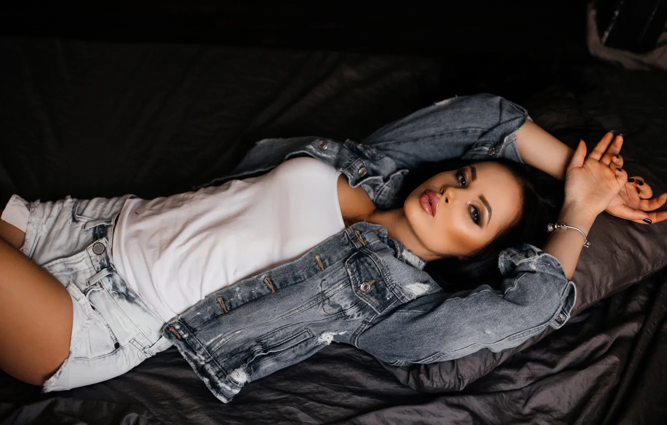 Wallpaper girl, shorts, beautiful, model, brunette, jacket, denim for mobile and desktop ...