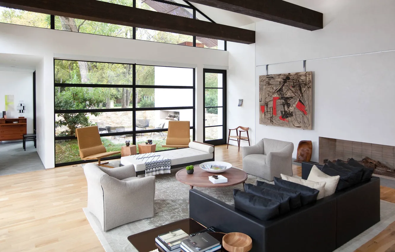 Wallpaper design, style, interior, fireplace, living room, modern ranch ...