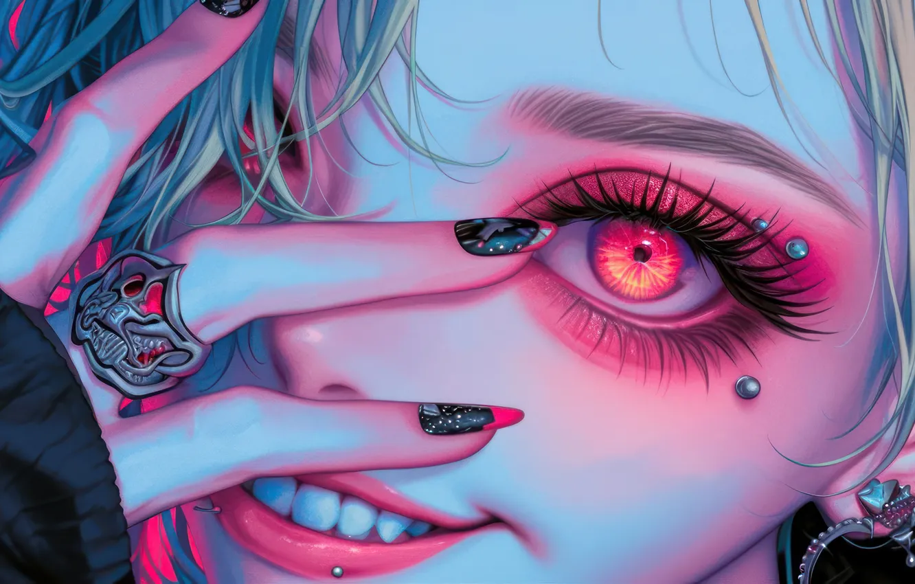 Wallpaper style, smile, red eyes, piercing, anime girl for mobile and ...