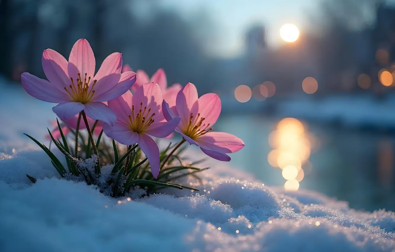 Wallpaper winter, snow, flowers, spring, flowers, winter, snow, spring ...