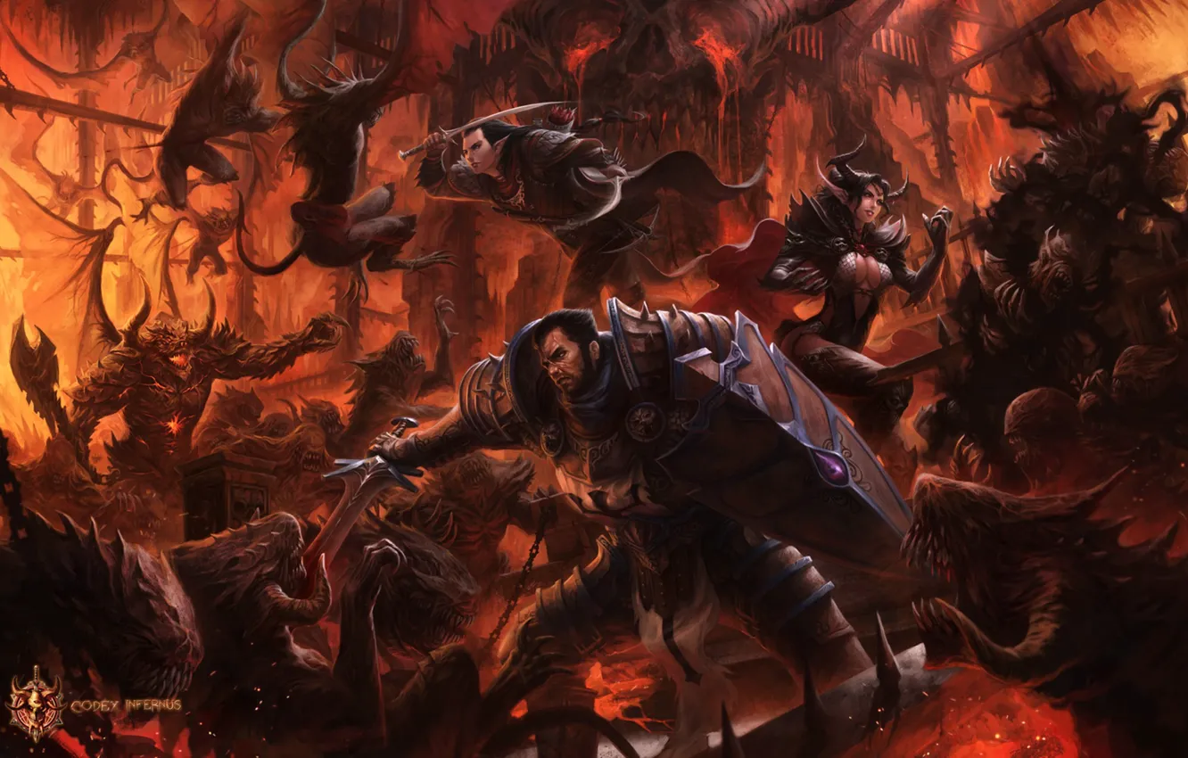 Wallpaper darkness, sword, warrior, battle, shield, demons, art, codex ...