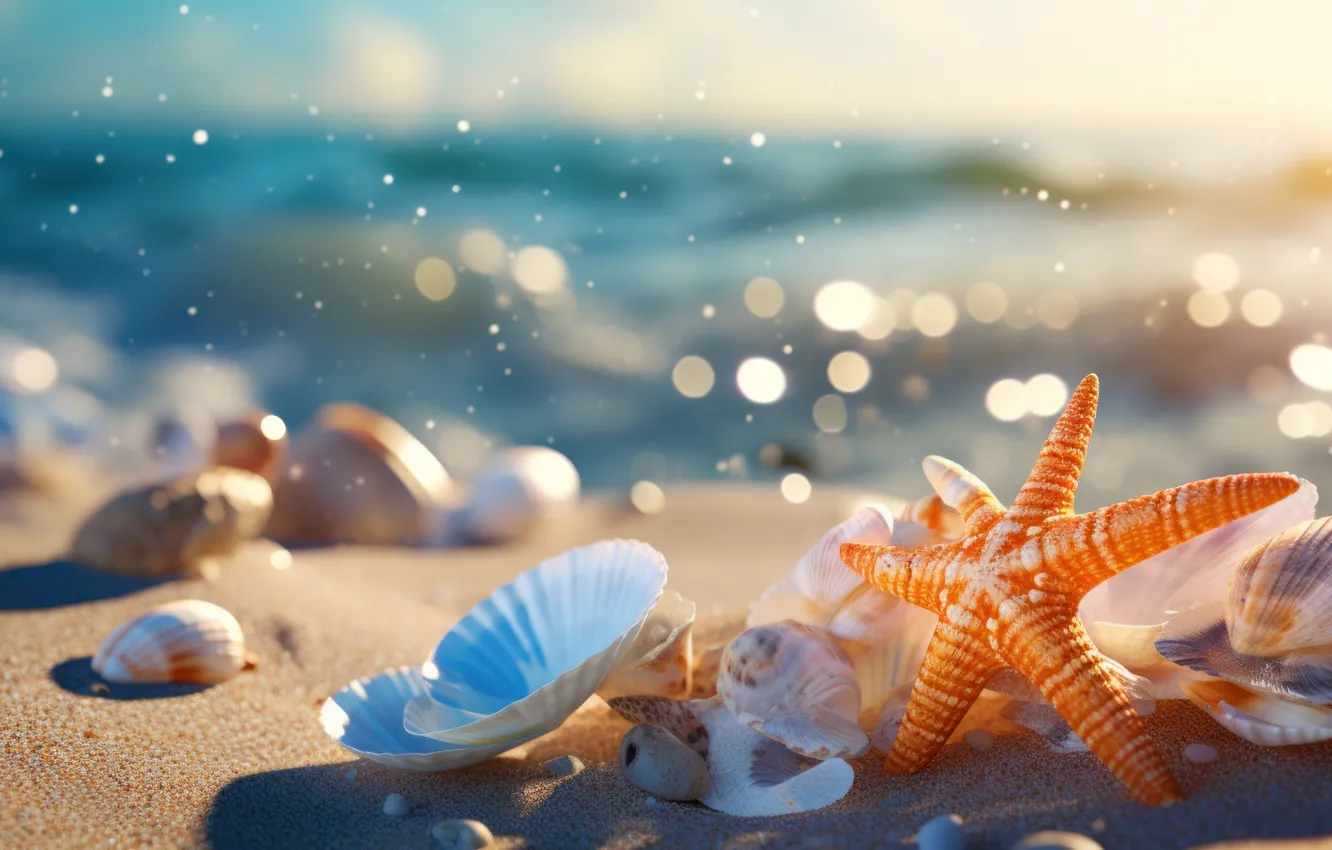 Wallpaper sea, beach, the ocean, shore, shell, shell, starfish ...