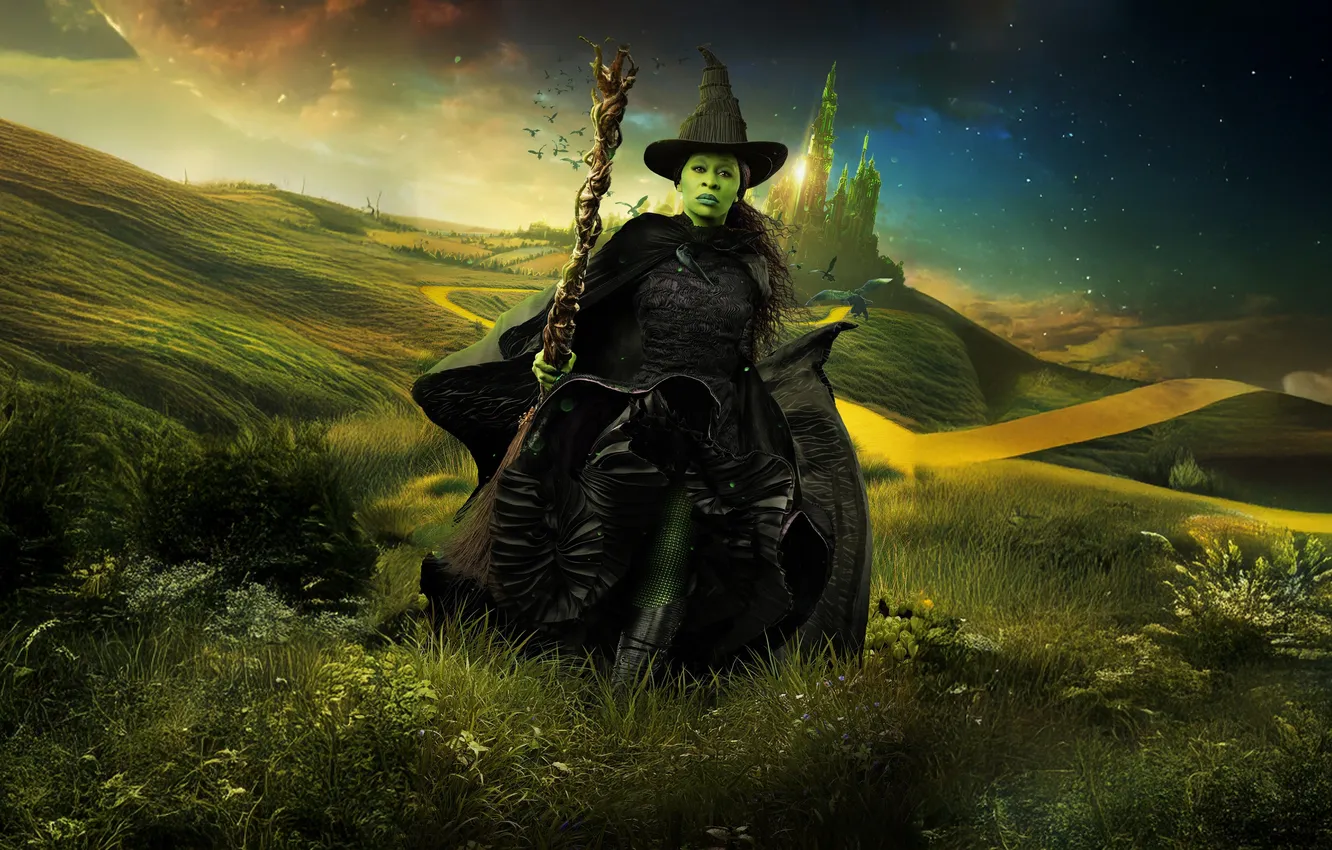 Wallpaper castle, hat, meadow, staff, witch, green skin, Wicked: Part ...