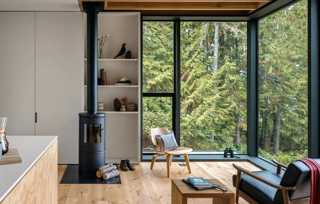 Wallpaper interior, chair, fireplace, living room, cool little house ...