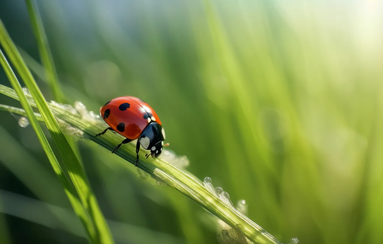 Wallpaper grass, macro, nature, ladybug, beetle, insect, green ...