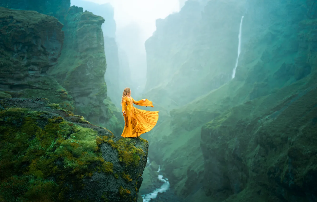 Wallpaper girl, mountains, nature, pose, fog, river, open, rocks for ...