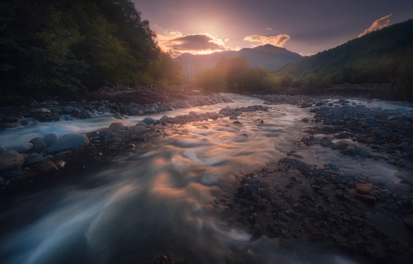 Wallpaper forest, clouds, light, sunset, mountains, fog, pebbles, river ...