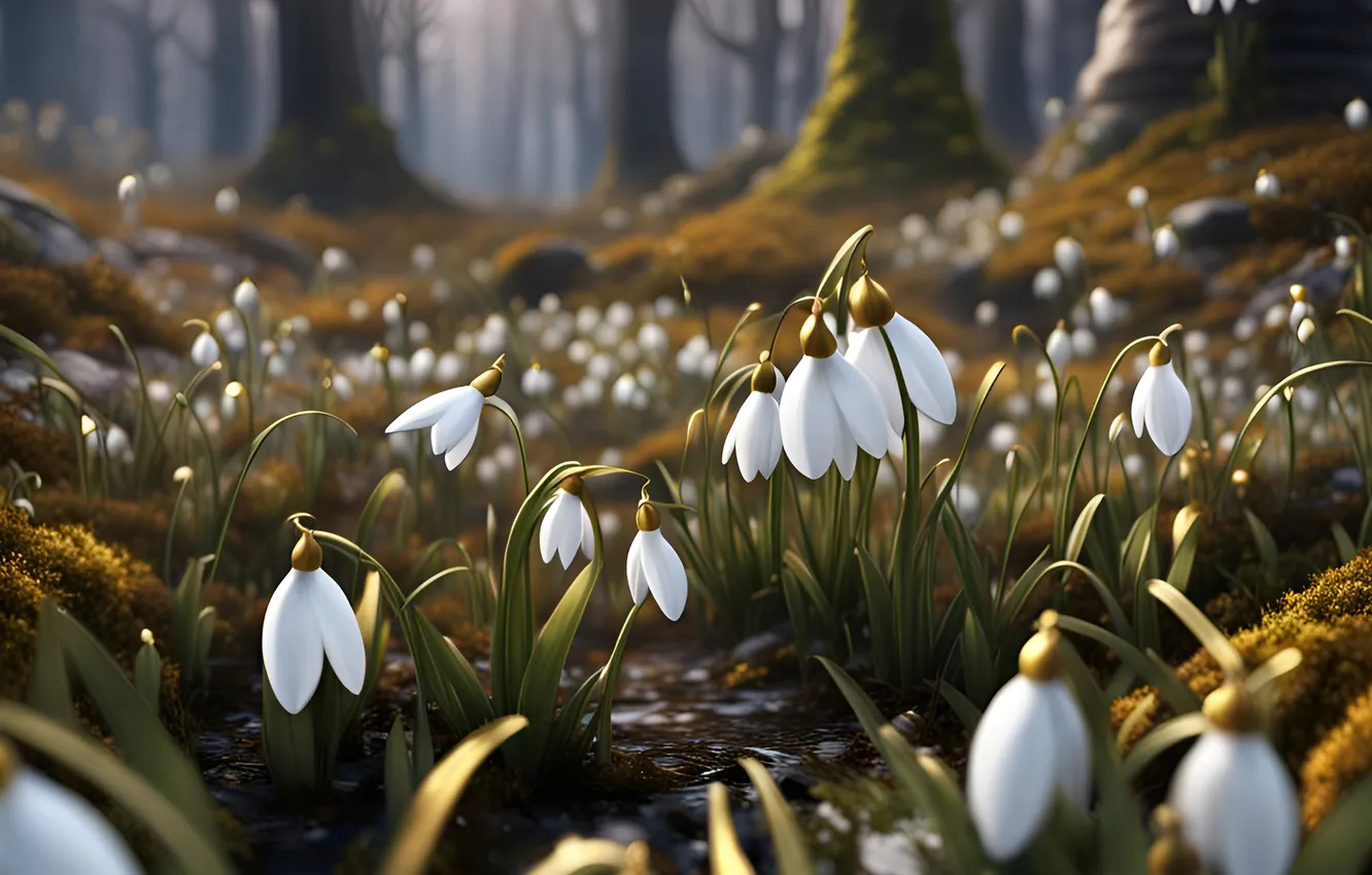 Wallpaper forest, trees, flowers, nature, trunks, glade, spring ...