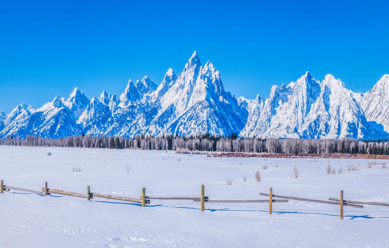 Wallpaper winter, snow, mountains, panorama, USA, Grand Teton National ...