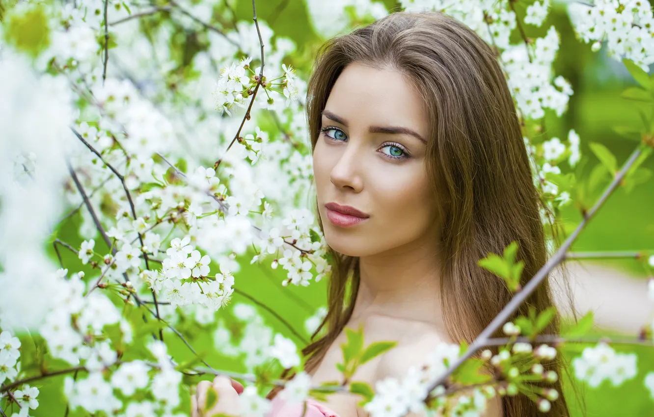 Wallpaper face, hair, portrait, spring, brown hair, flowering for ...